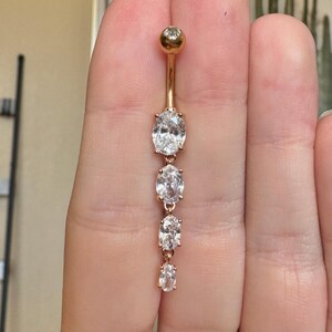 Gold Dangly Belly Button Piercing, Long Oval Navel Jewelry Piercing, Cute Drop Belly Button ...