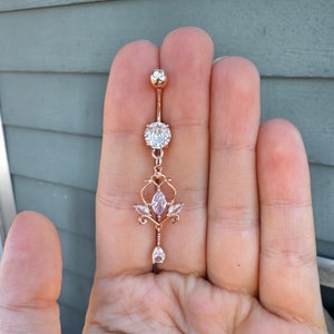 Rose Gold Belly Button Piercing Dangly, Elegant Long Navel Jewelry Piercing, Cute Drop Belly ...