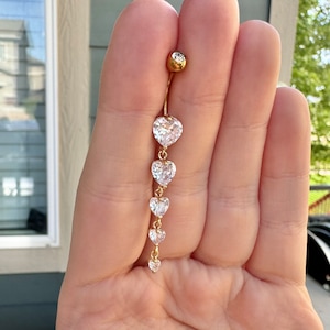 Gold Dangly Belly Button Piercing, Heart Long Navel Jewelry Piercing, Cute Drop Belly Button ...