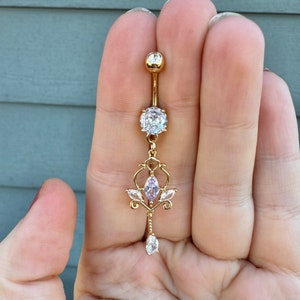 Gold Dangly Belly Button Piercing, Elegant Long Navel Jewelry Piercing, Cute Drop Belly Button ...
