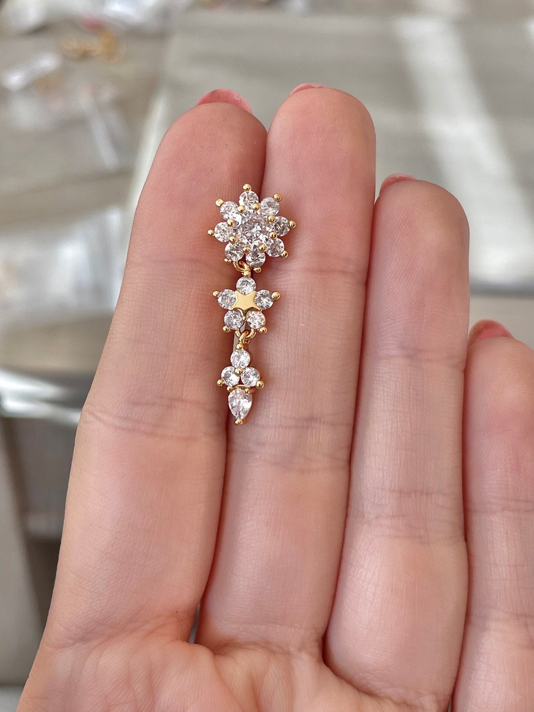 Gold Top Down Belly Button Ring | Flower CZ Dangly Floating Belly Ring ...