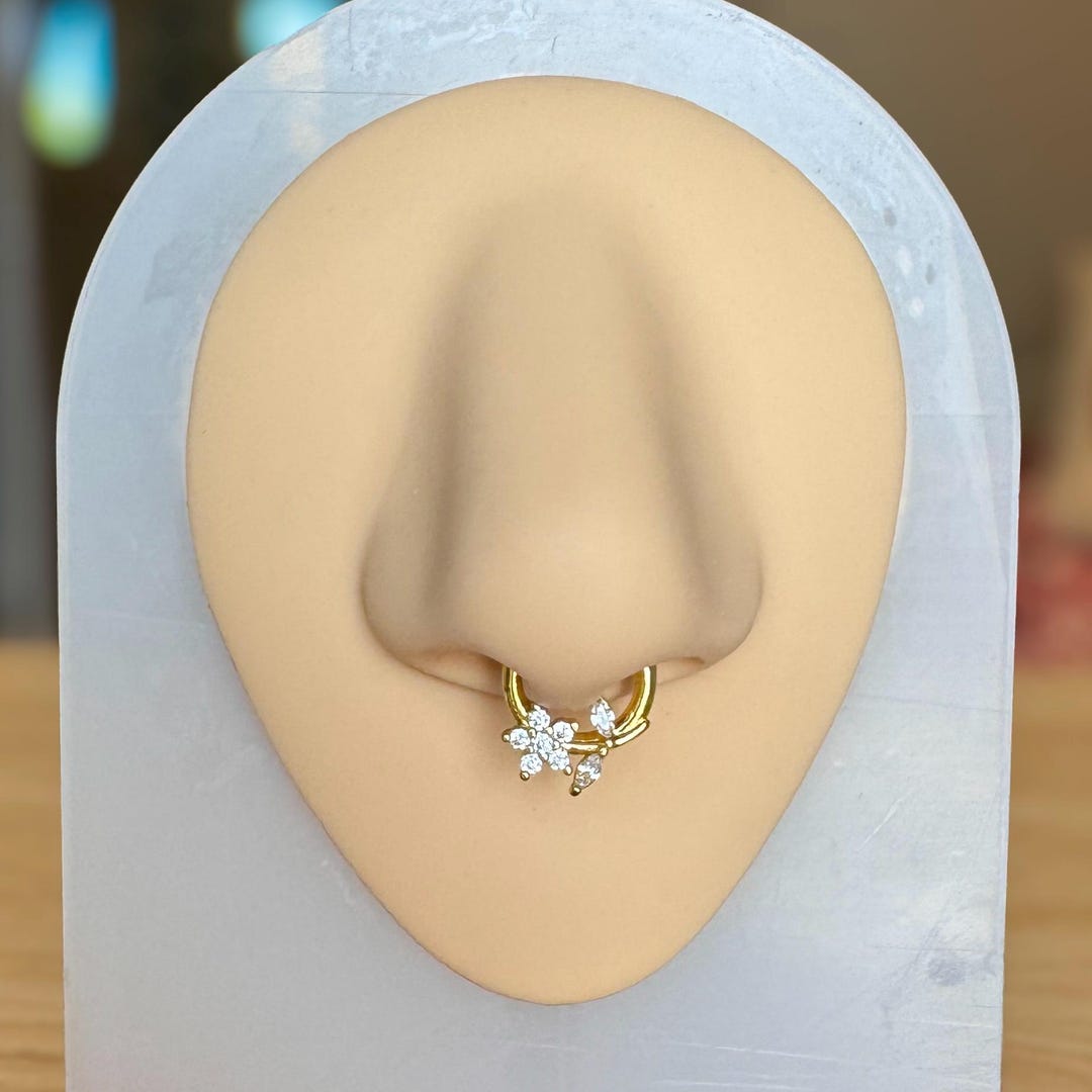Gold Flower Septum Ring, CZ Floral Clicker Hoop, Dainty Surgical Steel ...