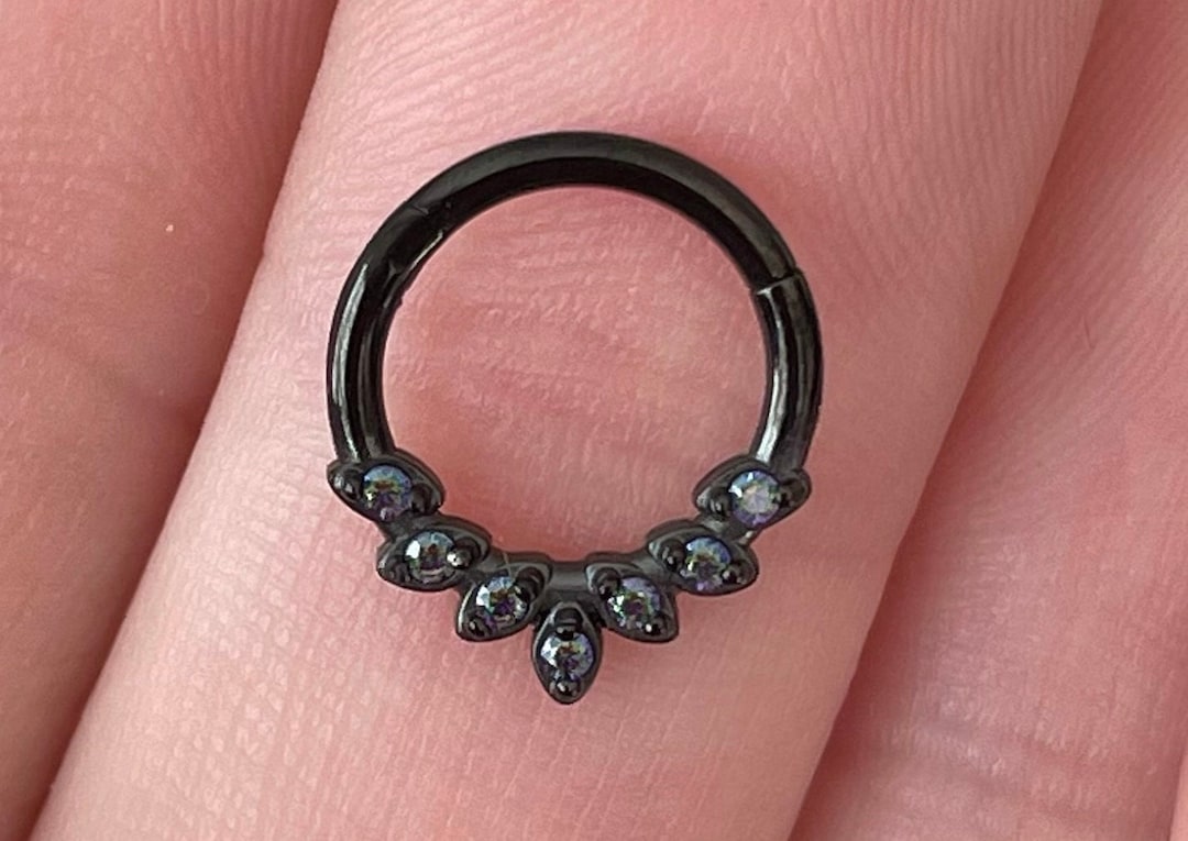 Black Septum Ring, Septum Jewelry With Dark Crystals, Septum Piercing, Septum Clicker, Unique ...