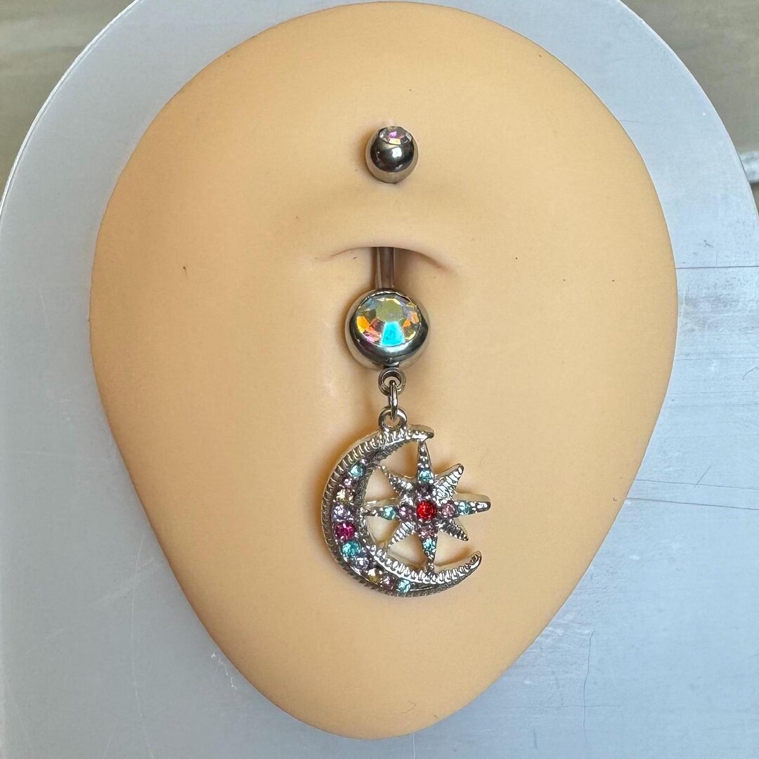 Belly Button Ring Moon Dangly, Silver Colorful Belly Button Navel ...