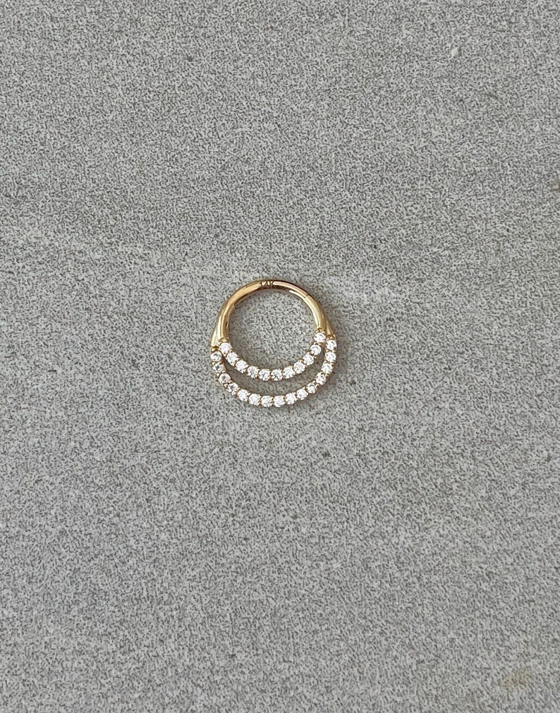 14k Solid Gold Septum Ring, Double Row CZ Clicker Hoop, Elegant Fine ...