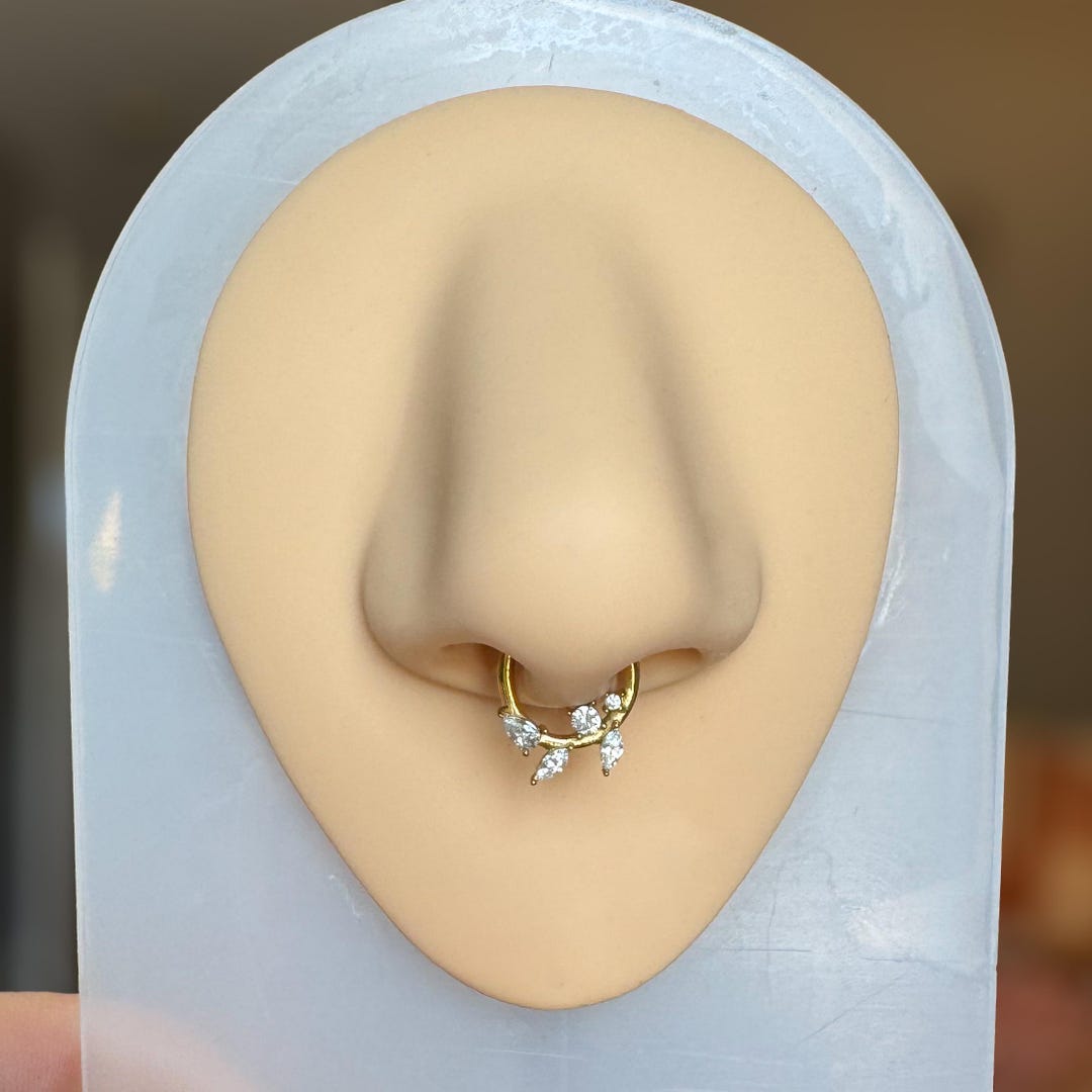 Gold Leaf Vine Septum Ring, CZ Clicker Hoop Piercing, Surgical Steel ...