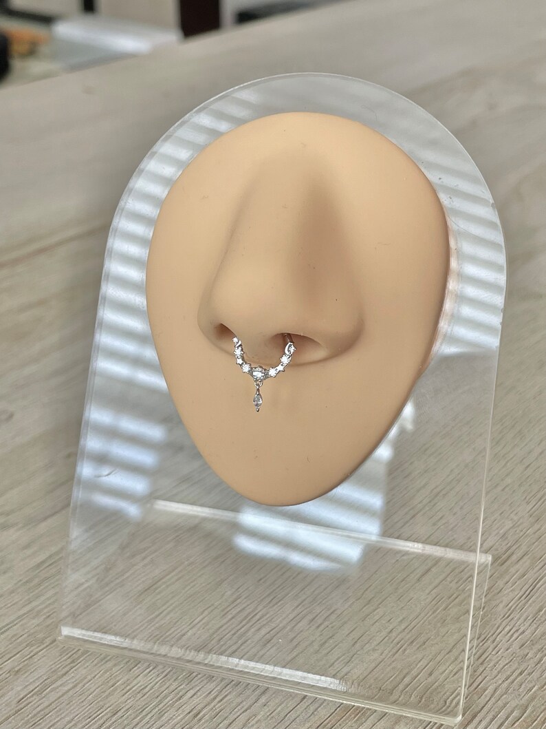 14k White Gold Septum Ring, CZ Moon and Star Dangle, Nose Piercing ...