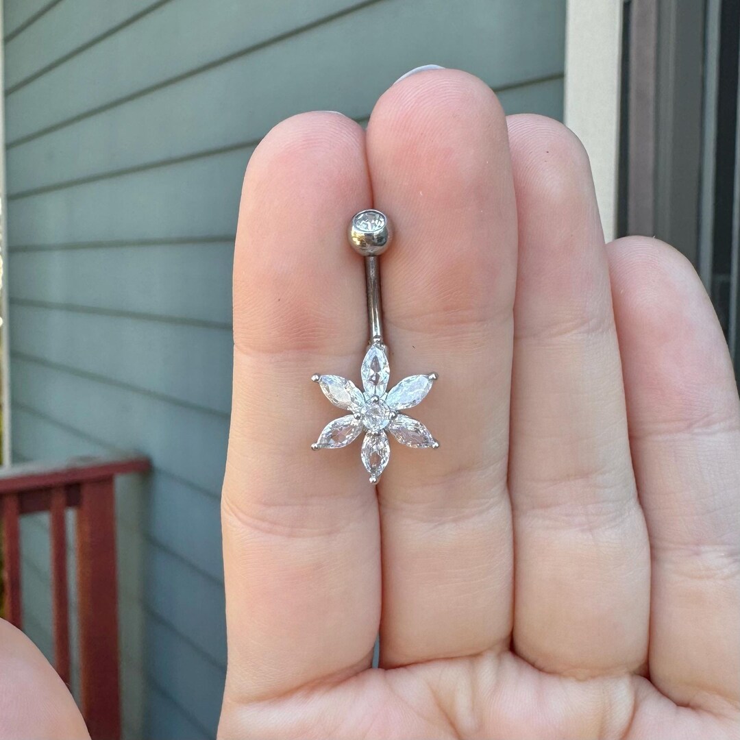 Marquise Flower Belly Button Ring, Cute Floral Belly Button Piercing ...