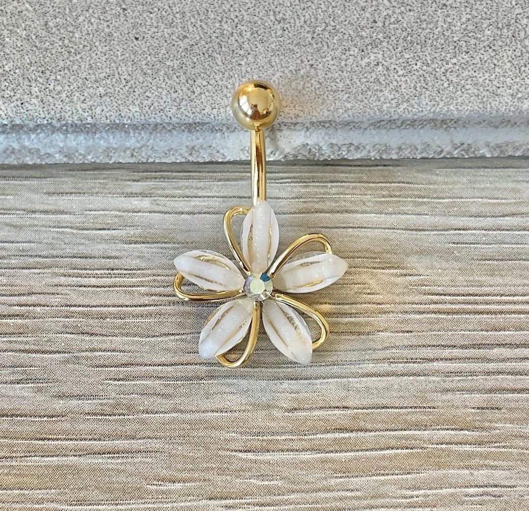 Dainty 14k Gold Floral Belly Button Ring - Unique & Cute Navel Jewelry ...