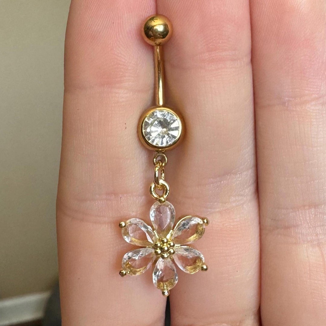 Gold Belly Button Ring Flower Drop | Dainty Floral Minimalist Belly ...