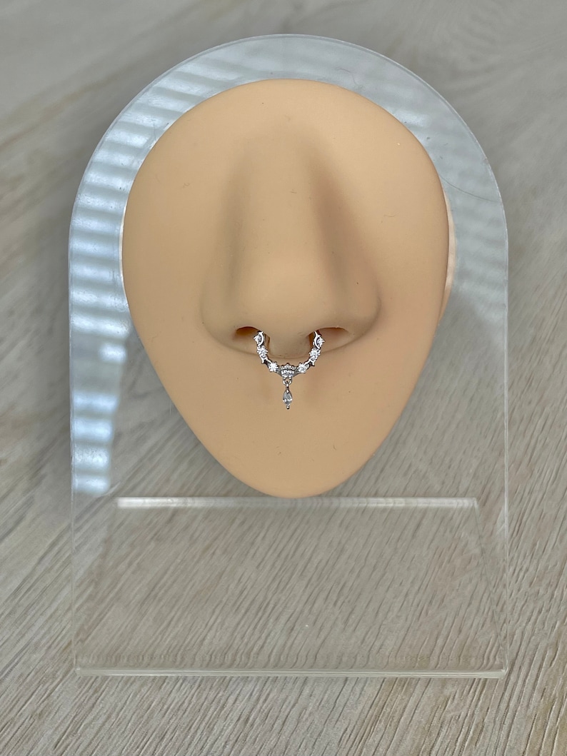 14k White Gold Septum Ring, CZ Moon and Star Dangle, Nose Piercing ...