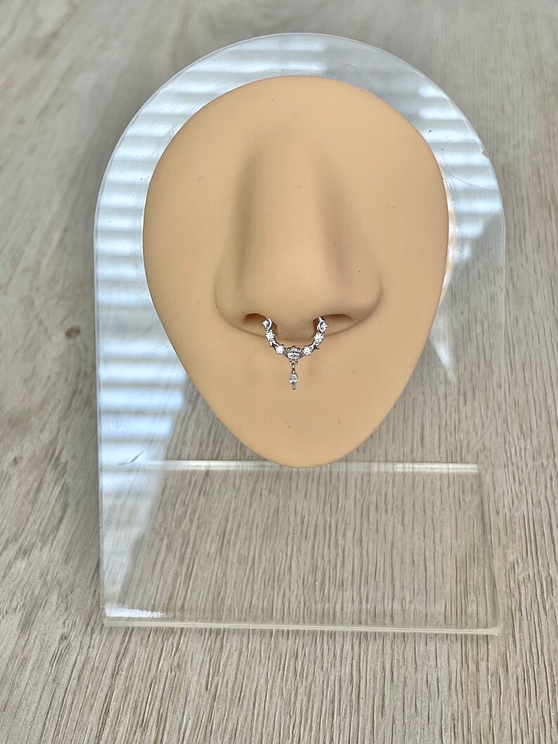 14k White Gold Septum Ring, CZ Moon and Star Dangle, Nose Piercing ...