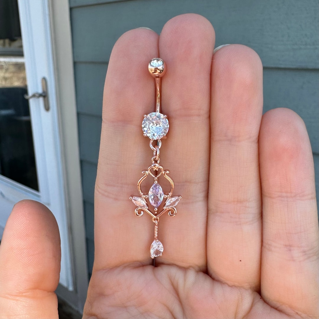 Rose Gold Belly Button Piercing Dangly, Elegant Long Navel Jewelry Piercing, Cute Drop Belly ...