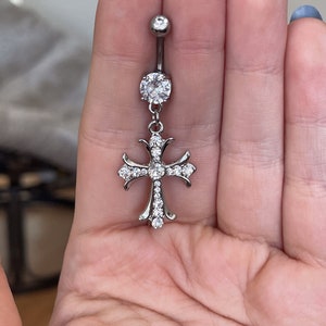 Silver Cross Belly Button Ring – Ornate CZ Navel Piercing, 316L ...