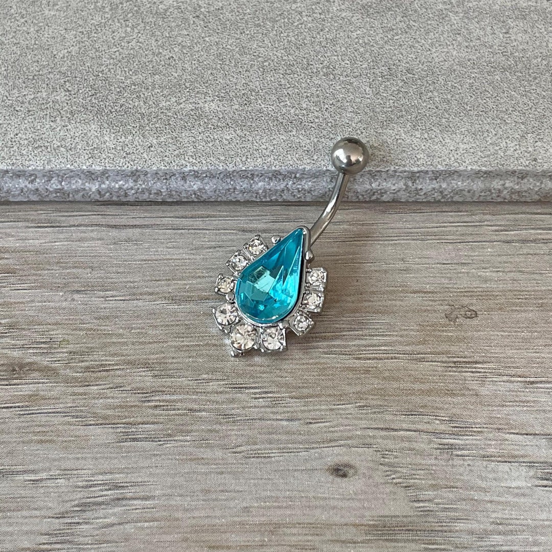 Silver Belly Button Ring, Blue Teardrop Belly Button Jewelry Piercing ...