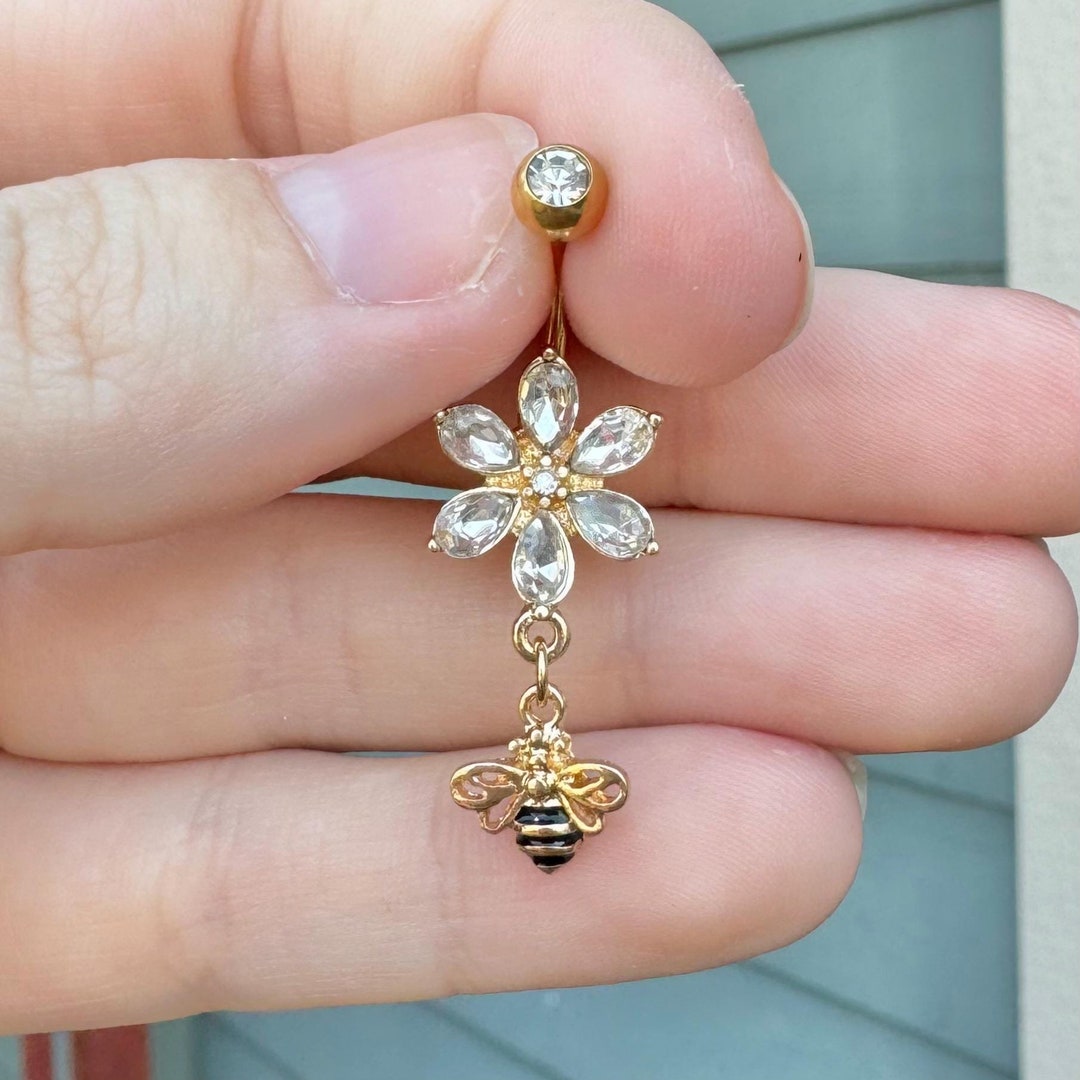 Bee Belly Button Ring, Cute Gold Flower Belly Button Piercing Jewelry ...