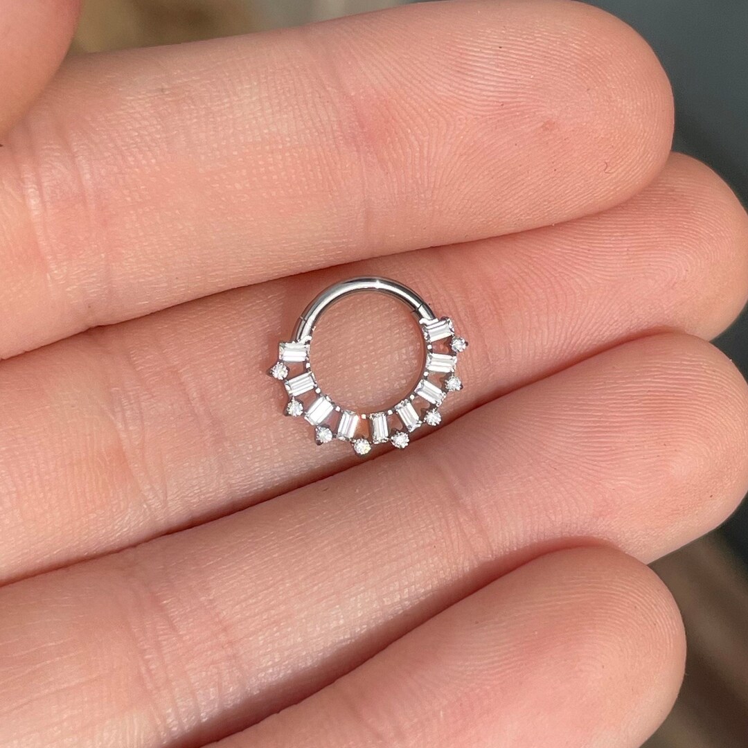 16G Silver Daith Earring 8mm/10mm Titanium | CZ Baguette Daith Jewelry ...