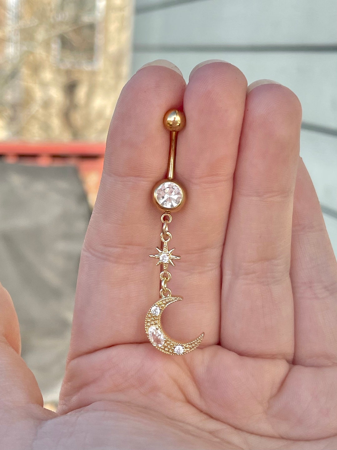 Gold Moon Belly Button Ring | Celestial Moon & Stars Belly Button ...