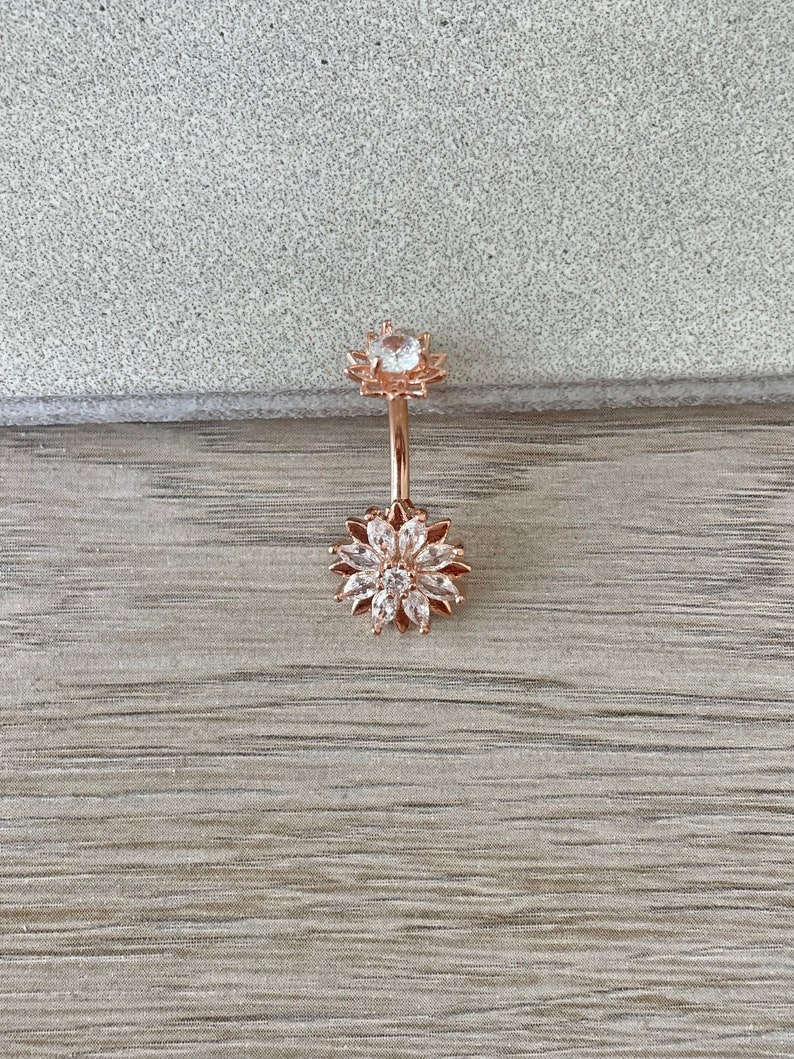 Rose Gold Flower Belly Button Ring Dainty Unique Minimalist - Etsy