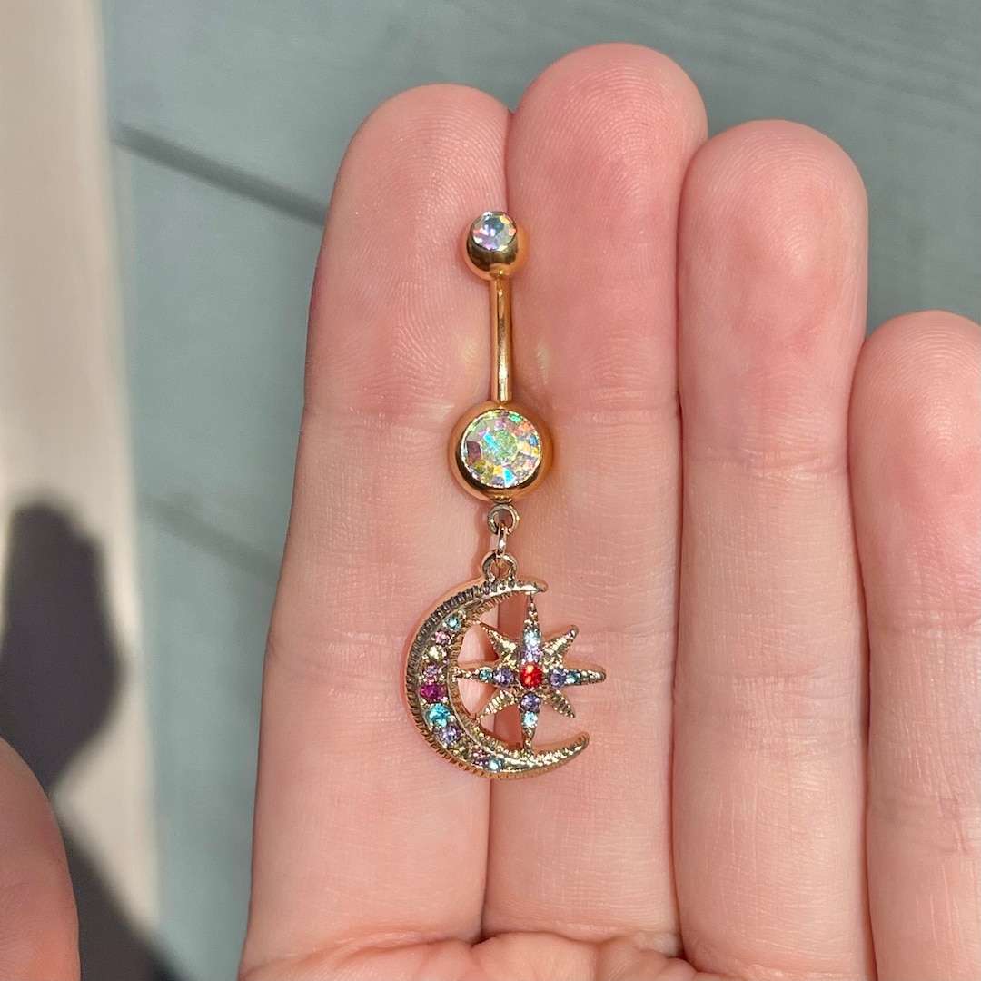 Belly Button Ring Moon Dangly, Gold Colorful Belly Button Navel ...