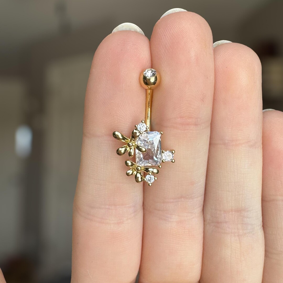 Unique Floral Belly Button Ring, 14k Gold Plated Belly Button Piercing ...