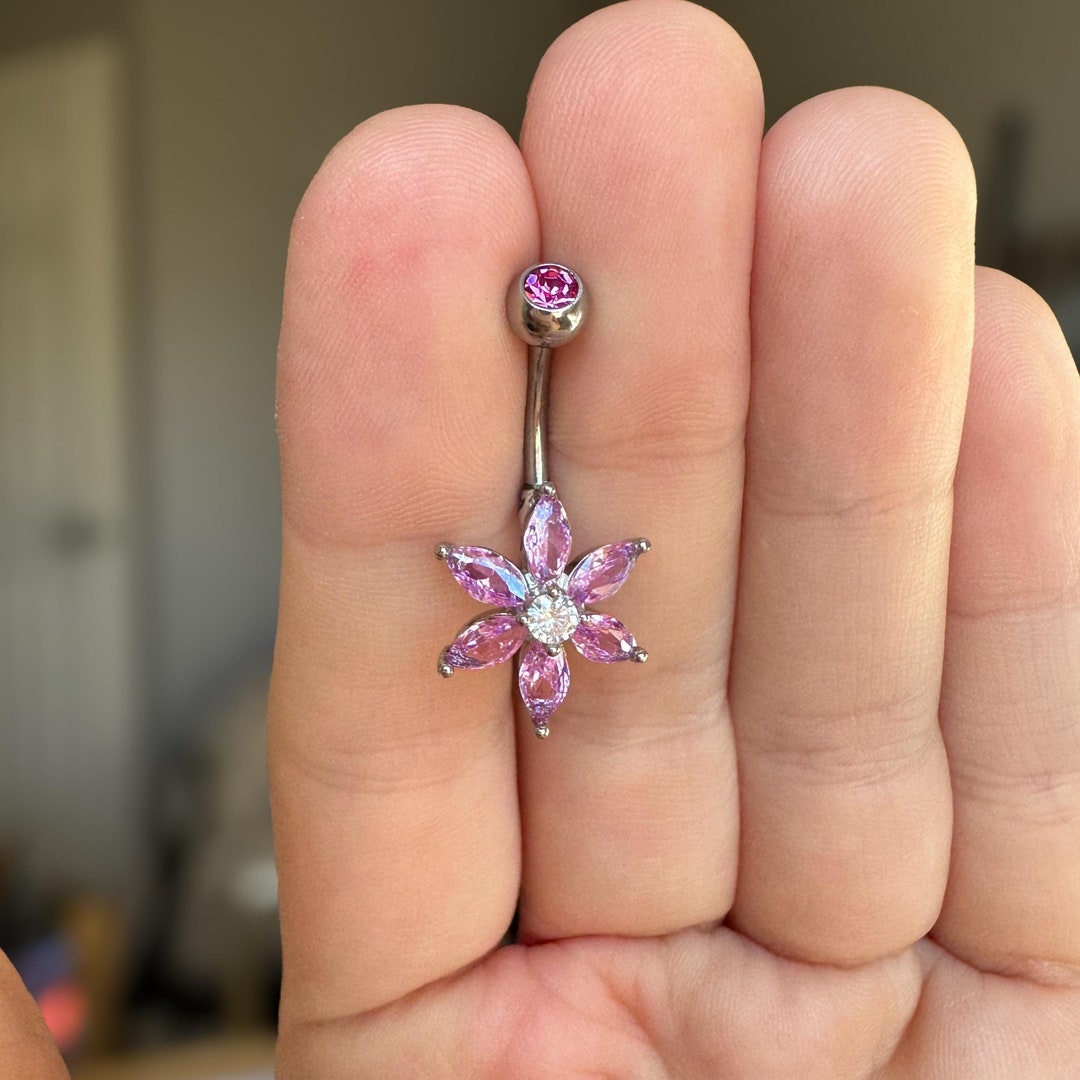 Dainty Pink Flower Belly Button Ring, Cute Floral Belly Button Piercing ...