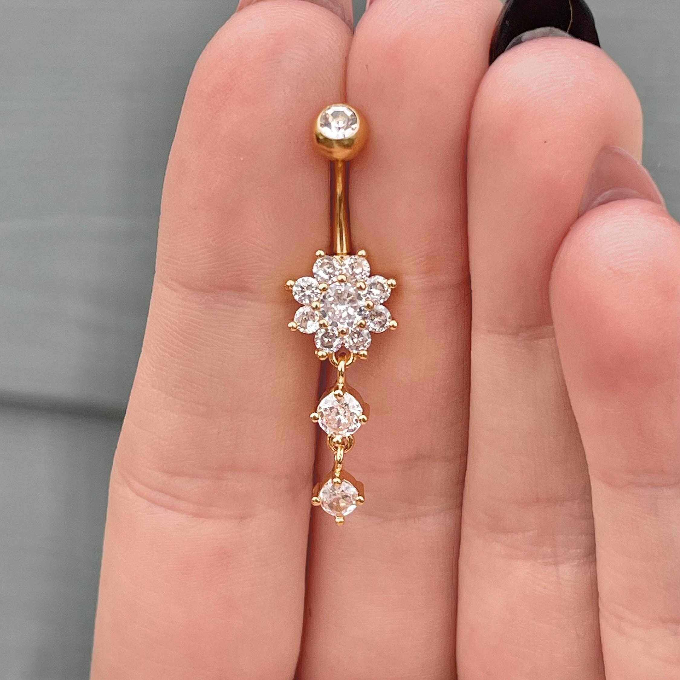 Rose Gold Flower Belly Button Ring, Floral Navel Piercing, Dainty ...