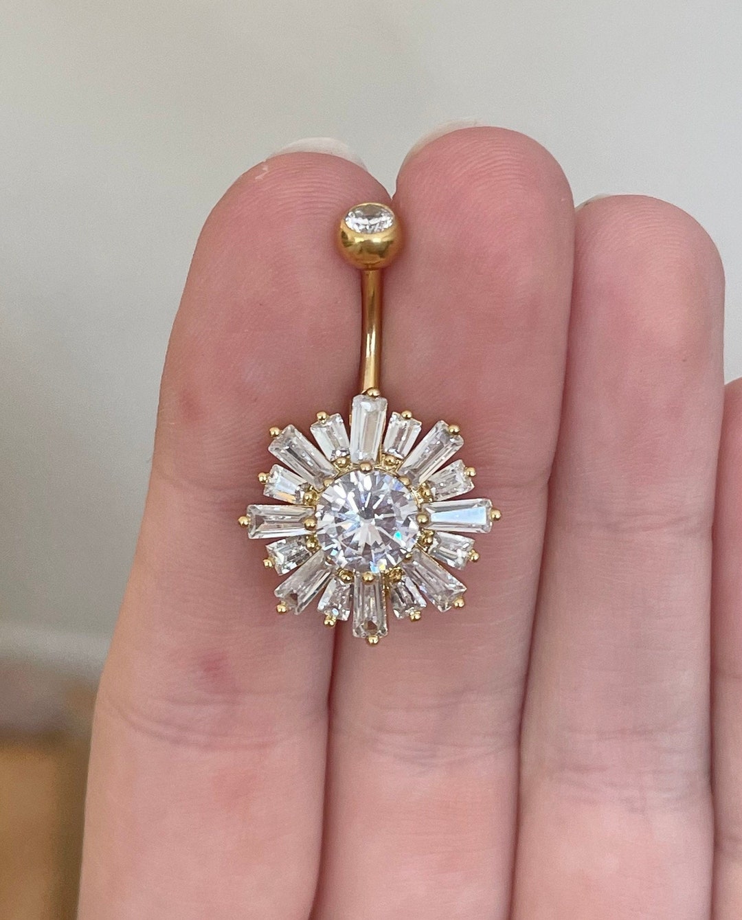 Dainty Gold Sunburst Star Belly Button Ring 10mm 14G Belly Rings Unique ...