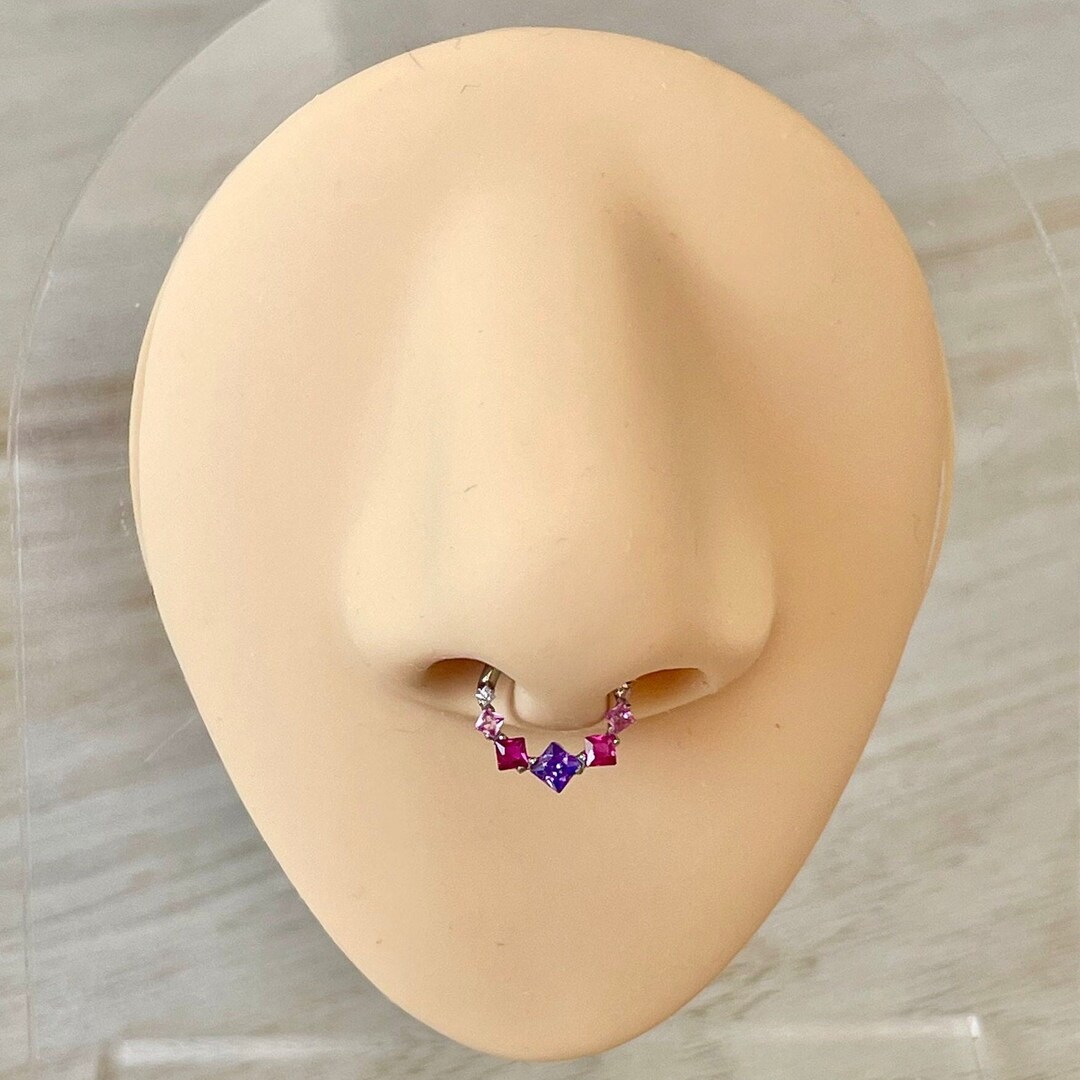 Silver Titanium Septum Ring, Square-cut Multicolor CZ Clicker Hoop ...