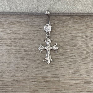 Silver Cross Belly Button Ring – Ornate CZ Navel Piercing, 316L ...