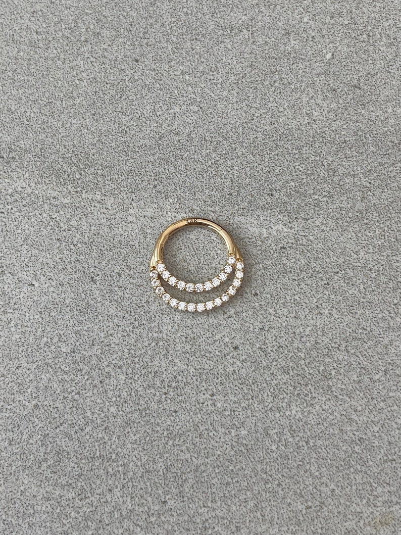 14k Solid Gold Septum Ring, Double Row CZ Clicker Hoop, Elegant Fine ...
