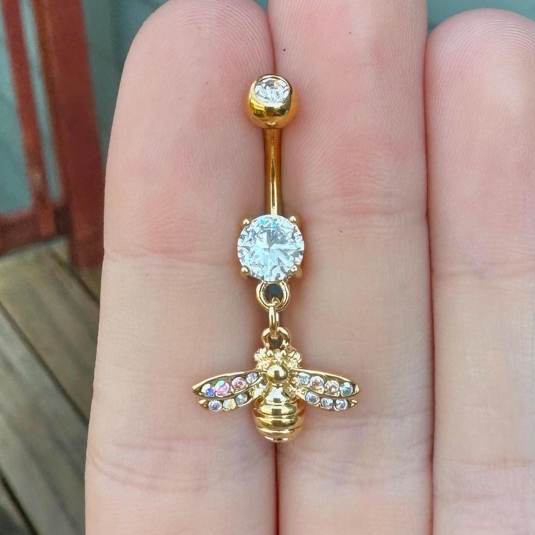 Dangly Bee Belly Button Ring, Gold Plated Bee Belly Button Piercing ...