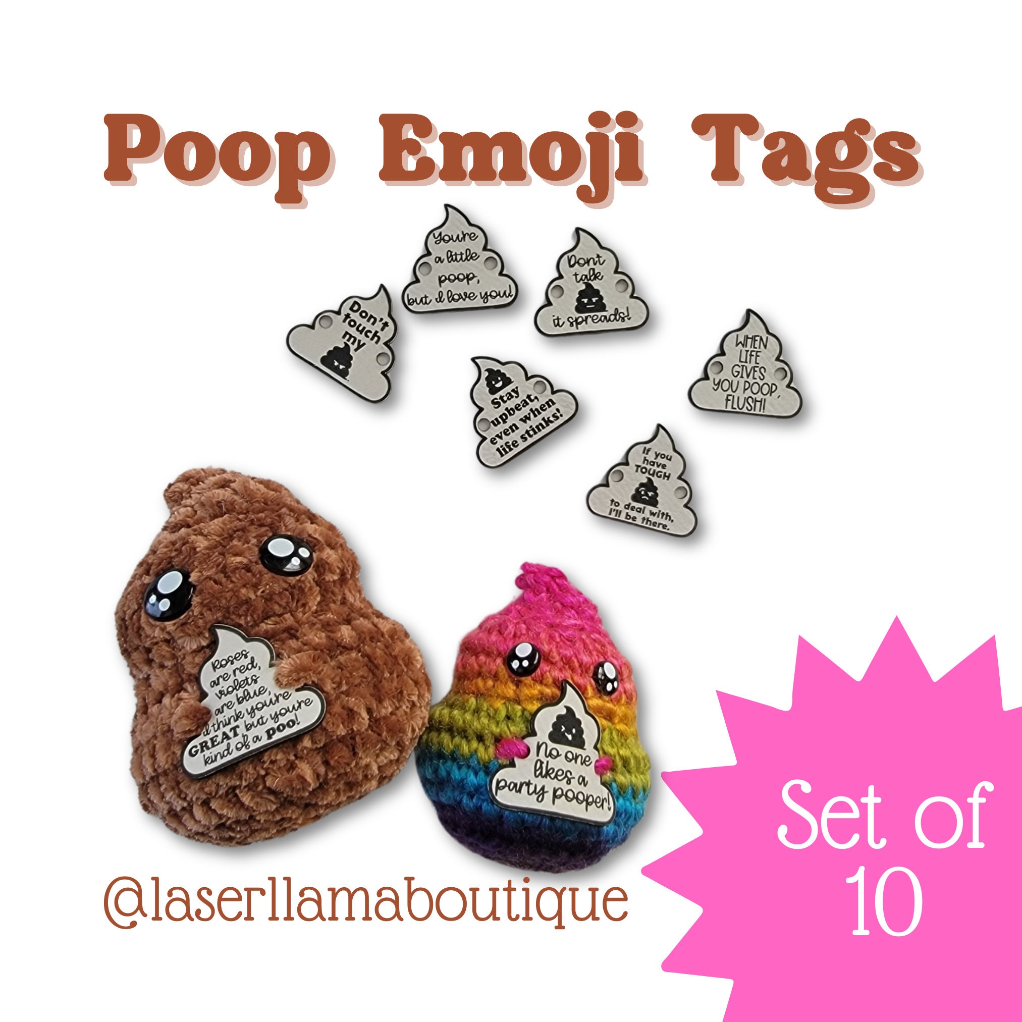 Quirky Poop Emoji Amigurumi Tags - Set of 10 with Fun Sayings~Tags for ...