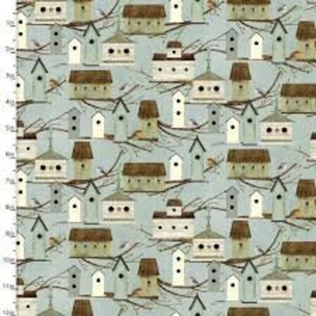 Touch of Spring Bird Houses DR Blue, Beth Albert for 3 Wishes Fabric ...