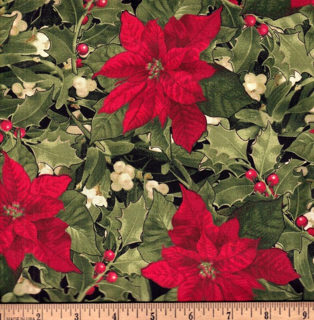Christmas Poinsettias, Holiday Fabric, Berries and Bells by Mai De for ...