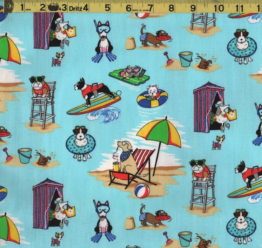 Dogs at the Beach Light Blue, Cute Dog Fabric, Fabric Traditions, 100% ...