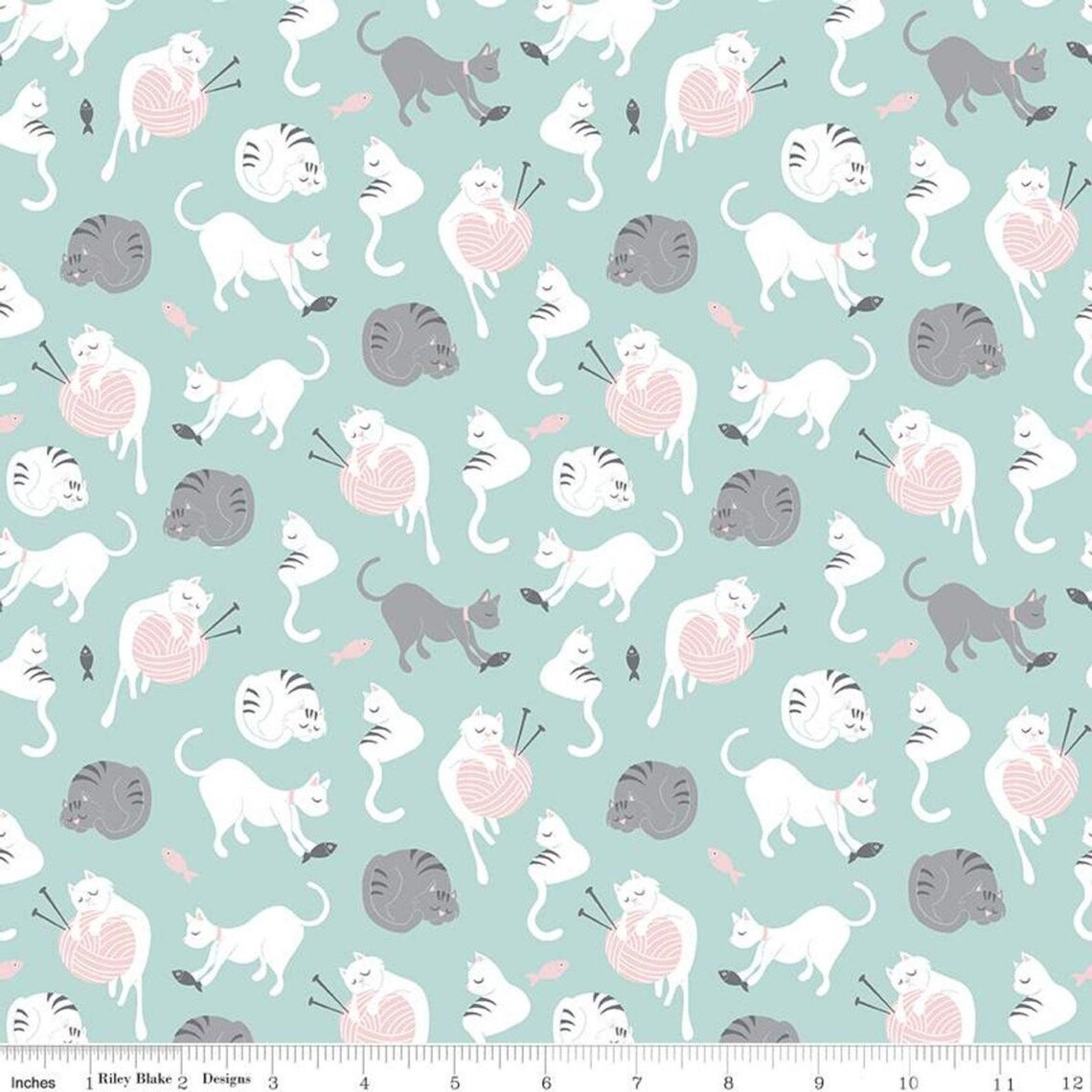 Cute Cat fabric Cats on fabric blue cat fabric Purrfect | Etsy