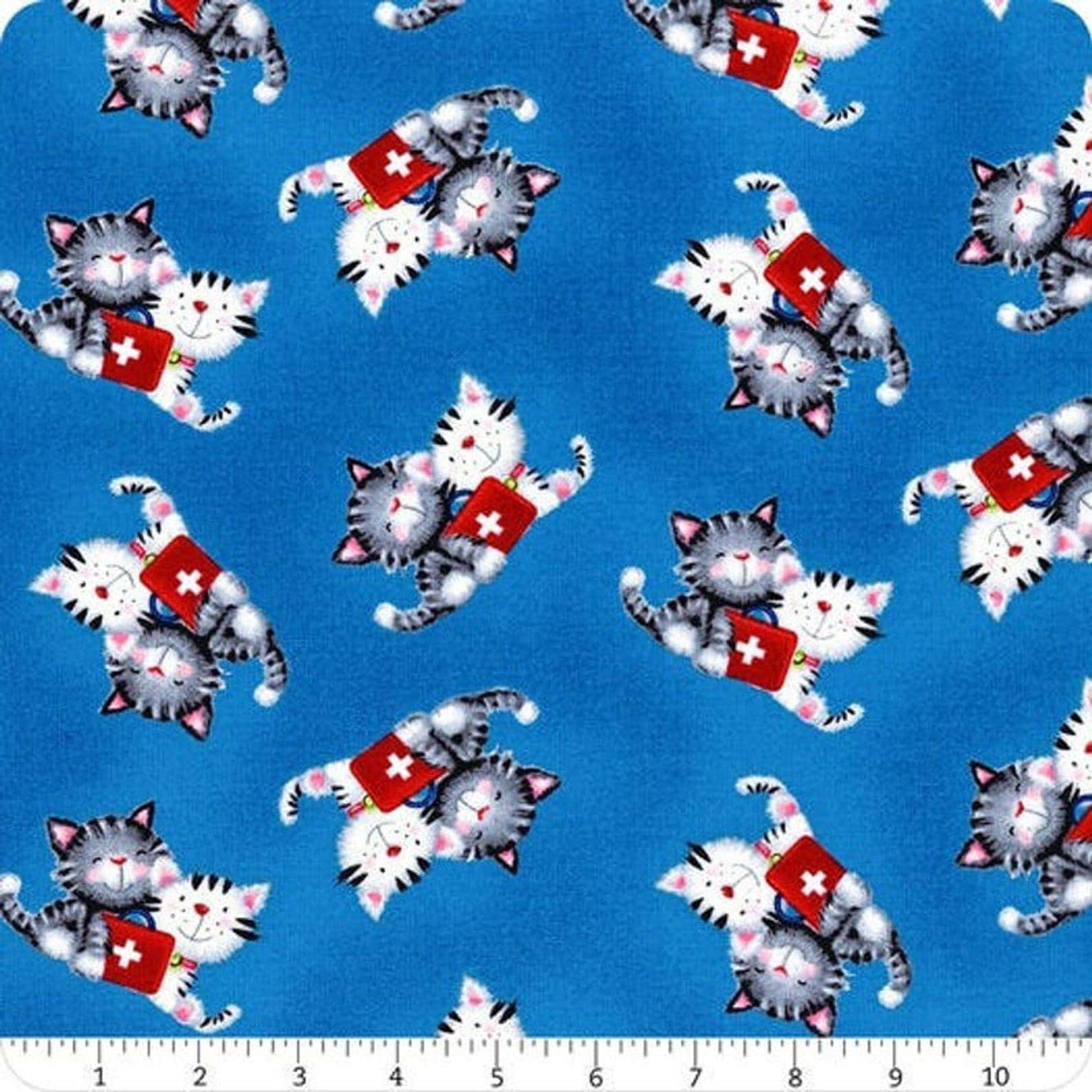 Cute Cat Fabric Blue Cat Fabric Big Hugs Fabric Cat Nurse - Etsy