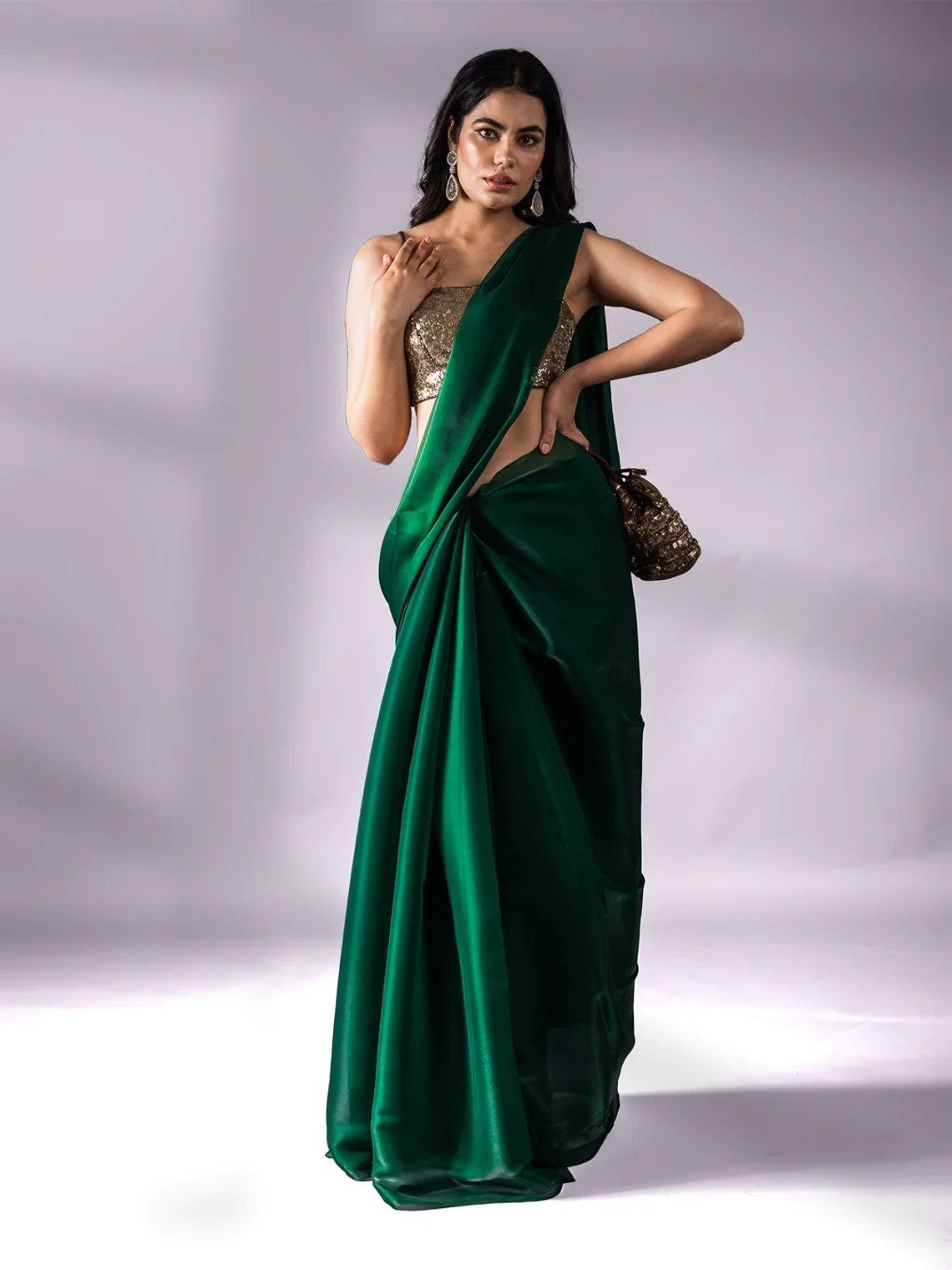Bottle Green Satin Silk Plain Saree & Gold Sequence Embroidery Unstitch ...
