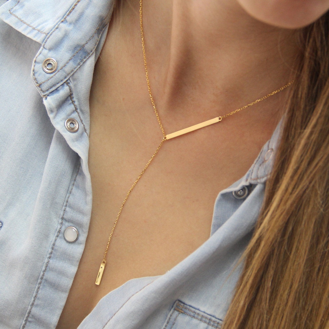 Gold Bar Lariat, Gold Lariat Necklace, Gold Delicate Y Necklace, Gold ...