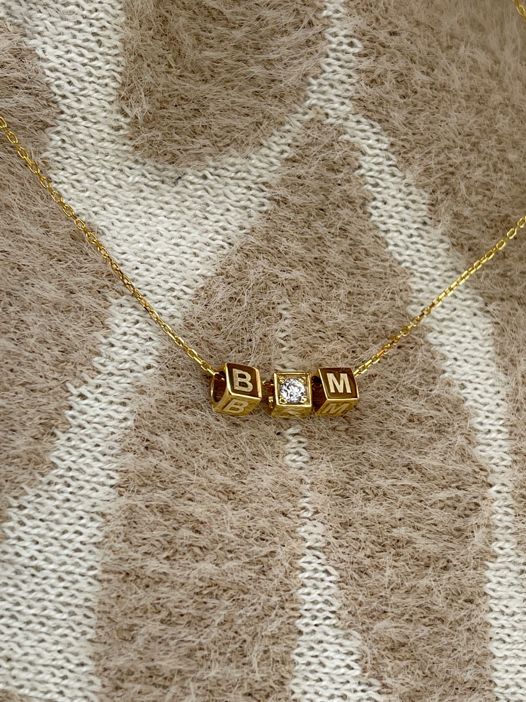 Gold Cube Name Necklace, Dice Letter Charm, Cubic Bead Initial Pendant ...