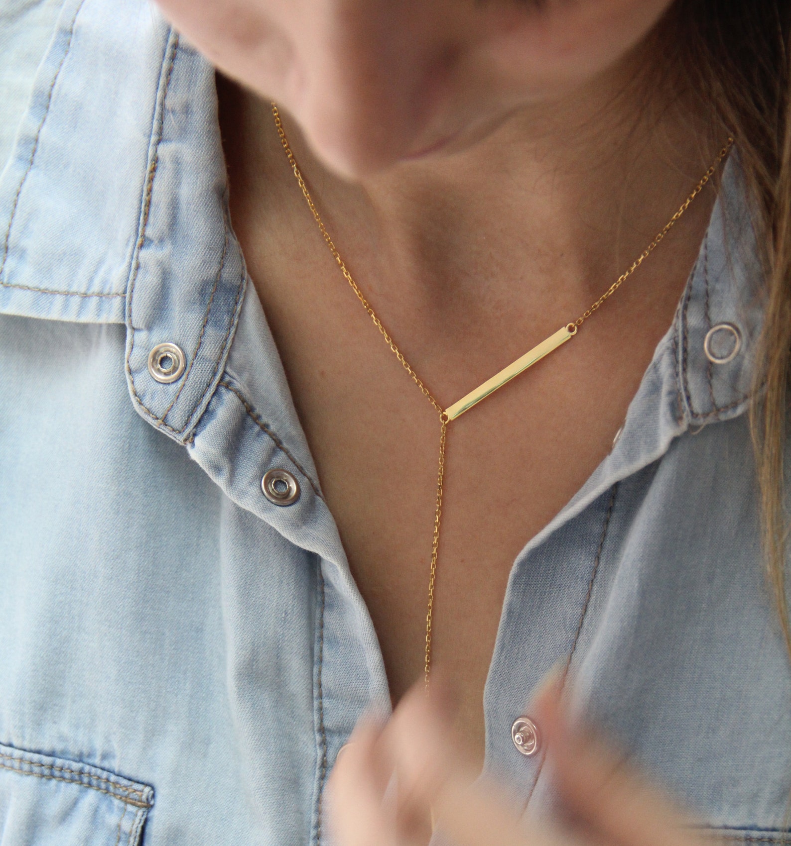 Gold Bar Lariat Gold Lariat Necklace Gold Delicate Y | Etsy