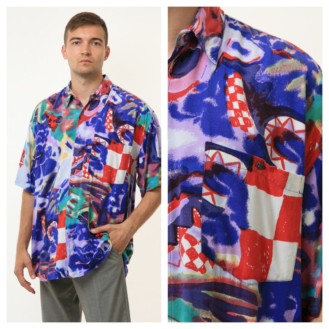 80s Vintage Oldschool Pattern Men Viscose Shirt. Vintage Mens Abstract ...