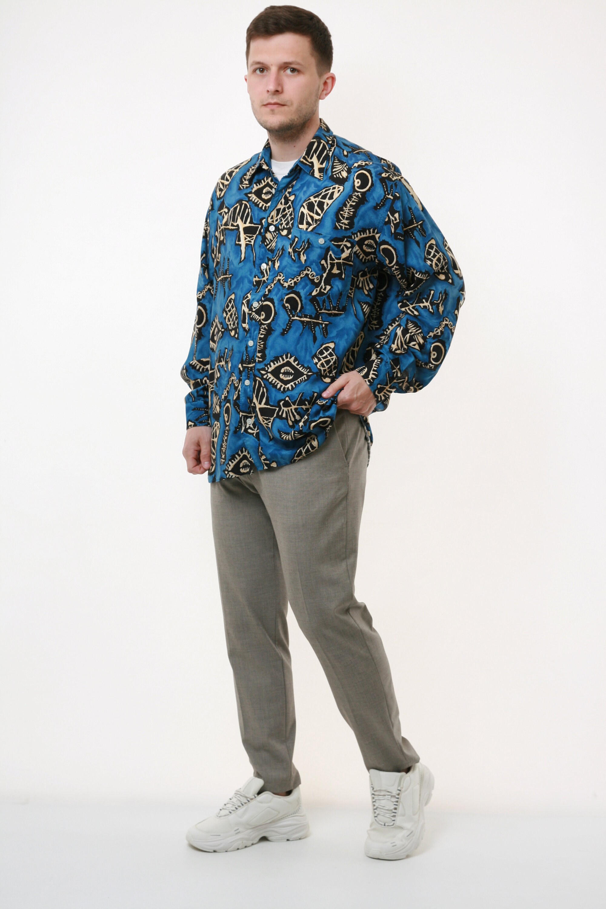 90s RICO MANCINI Patrón abstracto vintage camisa rara ropa masculina ...