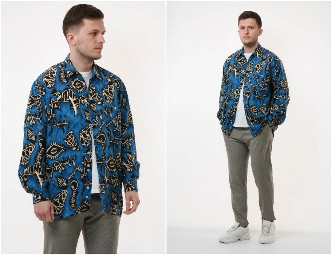 90s RICO MANCINI Patrón abstracto vintage camisa rara ropa masculina ...