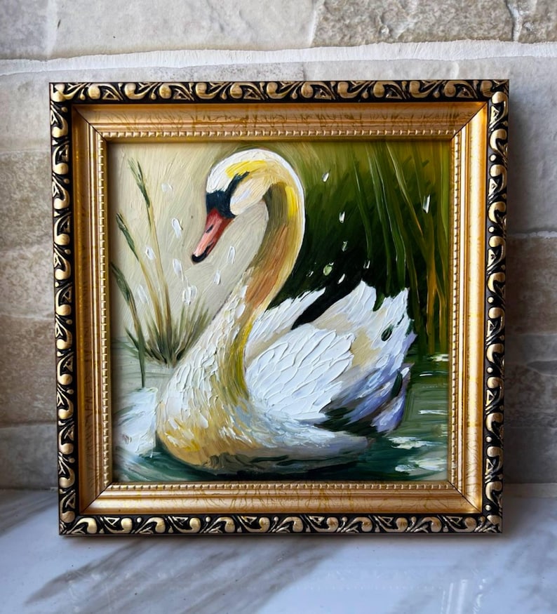 Swan Oil Painting, Gold Frame, Antique Style Wall Art (6x6 Inches) - Etsy