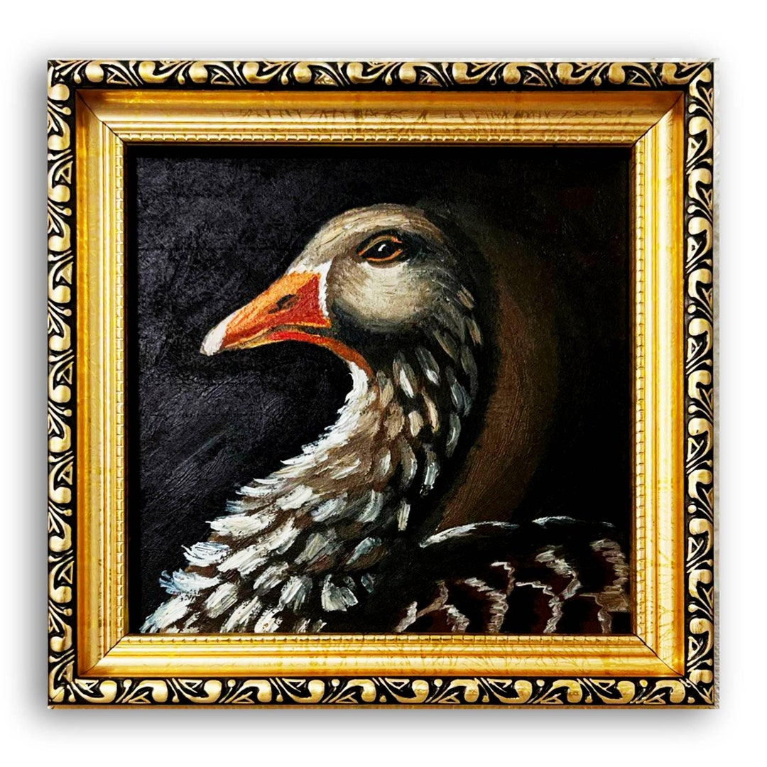 Goose Oil Painting: Farmhouse Bird Art in Gold Frame (6x6 Inches) - Etsy