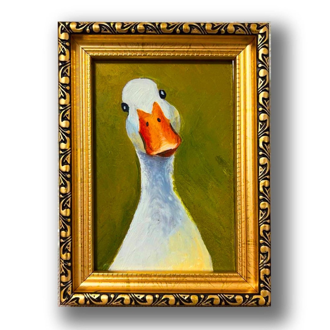 Silly Goose Oil Painting: Original Mini Art in Gold Frame (4x6 Inches ...