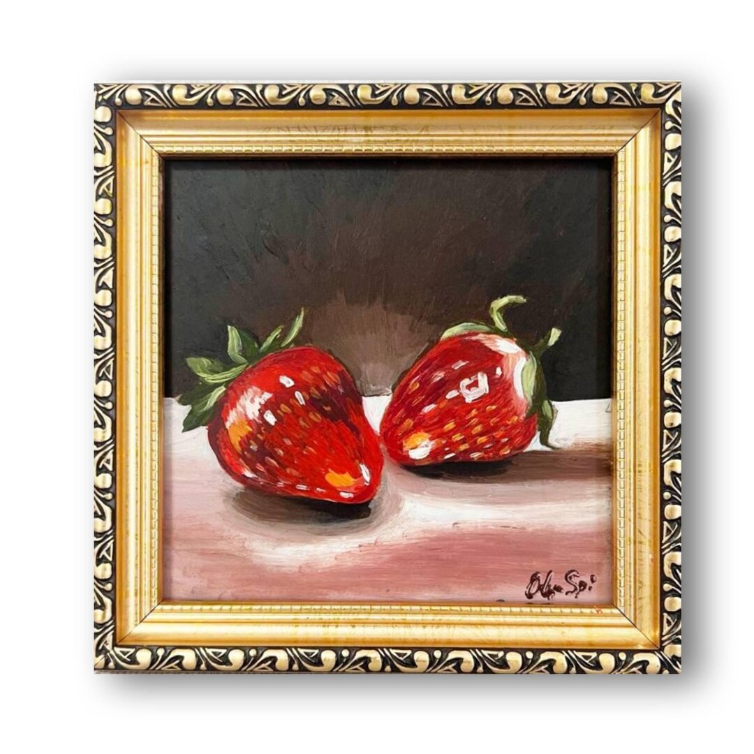 Strawberry Painting Original Oil Art Kitchen Wall Art Gold Framed Berry ...