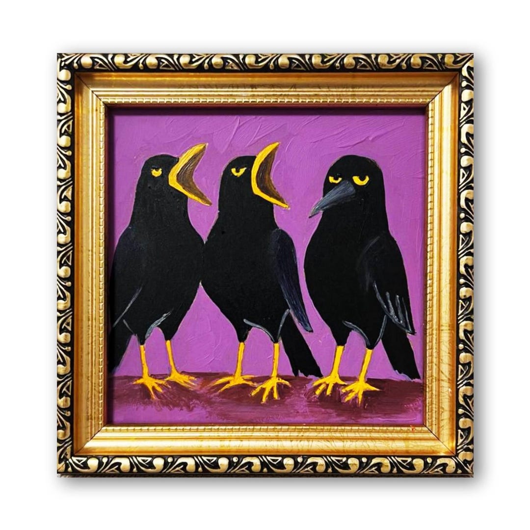 Three Ravens Original Oil Painting: Funny Birds in Gold Framed Art - Etsy